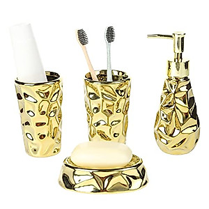 MyGift 4 Piece Luxurious Modern Gold Ceramic Bathroom Accessory Set, Gold Decor Bathroom Accessories, Toothbrush Holder Set with Soap Dish, Pump Dispenser and Tumblers