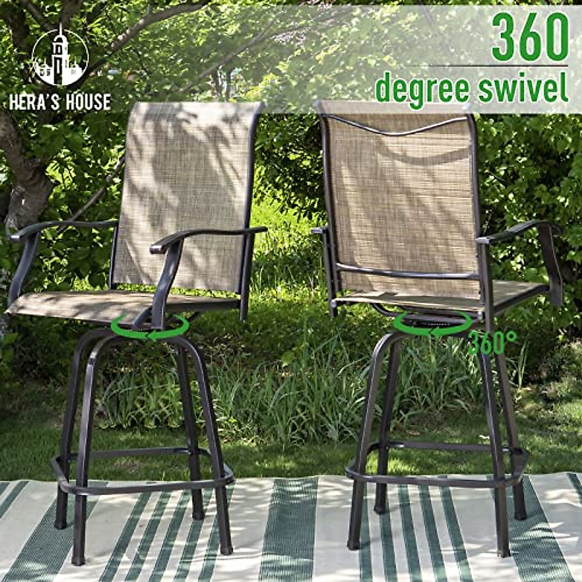 HERA'S HOUSE Outdoor Swivel Bar Stools, Outside Bar Height Patio Chairs Set of 4 with Solid Back & Armrest, All Weather Textilene Sling Fabric Chair for Lawn Garden