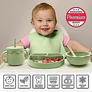 Baby Silicone Feeding Set - BPA Free Baby Led Weaning Supplies With Suction Bowl, Rainbow Divided Plate, Spoons, Forks, Sippy Cup Adjustable Bib, Teether - Self Feeding Dish Set for 6+Months (Olive)