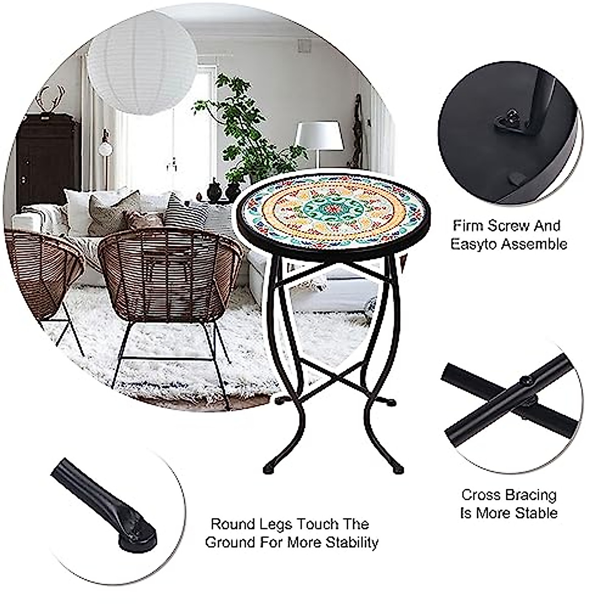 Elevon 14 Inch Round Side Ceramic Tile Top Indoor and Outdoor Accent Table, Pineapple