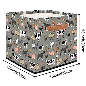 Cute Farm Rooster Cow Storage Basket Collapsible Fabric Storage Box 13x13x13 Inches Square Cube Storage Bins with Handles for Home Living Room Closet Shelf Office Bedroom