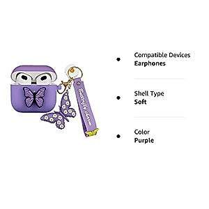 YQG Compatible with Airpods 3rd Gen 2021 Case Cover, Cute 3D Butterfly Fashion Cartoon Liquid Silicone Kids Teens Cases with Fun Cool Keychain for Apple Airpods 3rd Generation Charging Case (Purple)