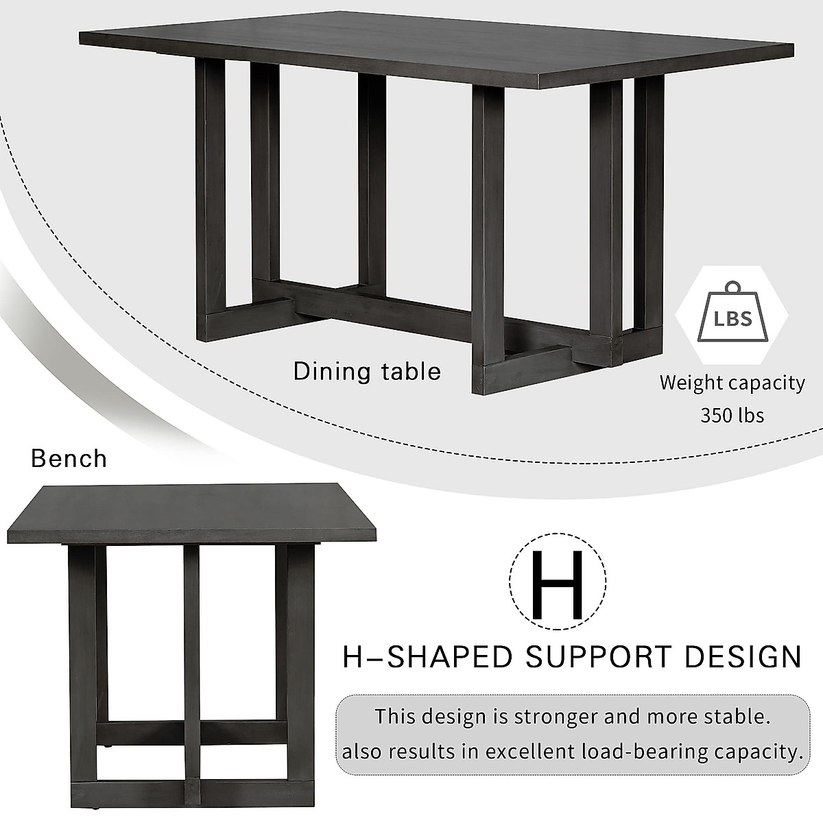Bellemave 6-Piece Dining Table Set for 6 Kitchen Table Set with 4 Upholstered Chairs and Wooden Bench Rectangular Dining Room Set with H-Shaped Support Design for Kitchen, Dining Room (Grey)