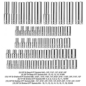 CASOMAN 1/4-Inch & 3/8-Inch Drive SAE and Metric Socket Set Standard and Deep Sizes with Ratchet Extension Bars and Universal Joint 83-Pieces 1/4" Drive and 3/8" Dr. Socket Super Set