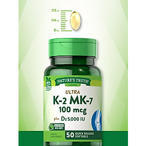 Vitamin K2 MK7 Complex | 100 mcg | 50 Softgels | with Vitamin D3 | Non-GMO & Gluten Free Supplement | by Nature's Truth
