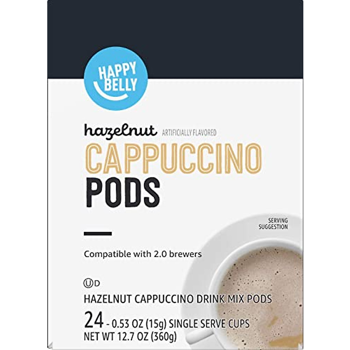 Amazon Brand - Happy Belly Light Roast Cappuccino Coffee Pods Compatible with K-Cup Brewers, Hazelnut Flavored , 24 Count