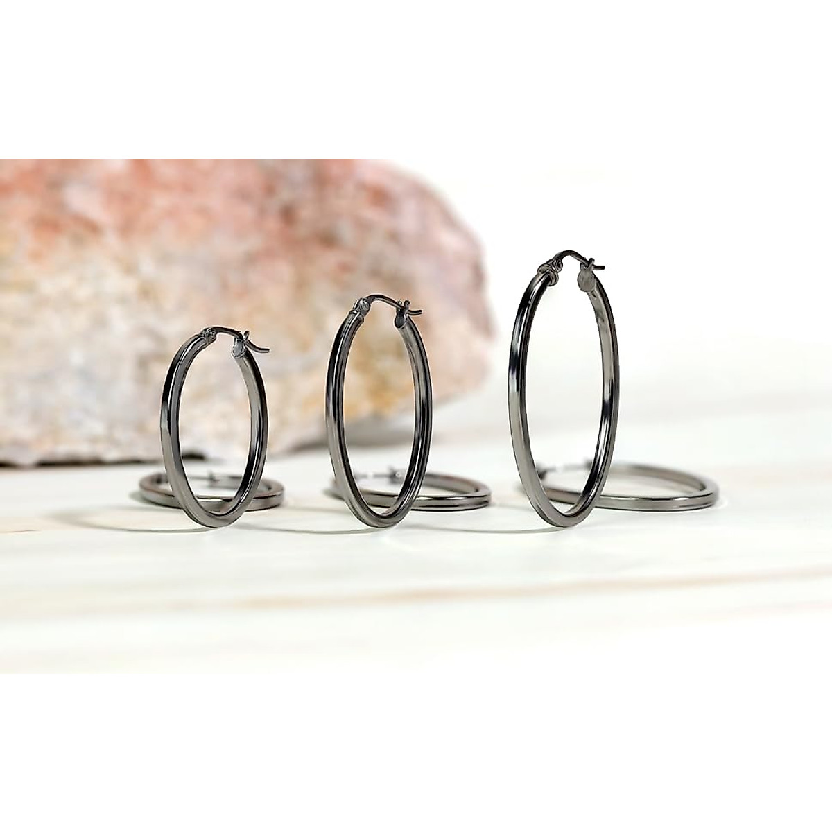 Black Flashed Sterling Silver 2mm Oval Square-Tube Hoop Earrings, 20mm