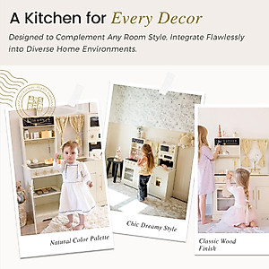 Tiny Land Play Kitchen for Kids, Toy Kitchen Set with Plenty of Play Features, New Modern Kids Wooden Play Kitchen Designed in Trendy Home Style with Curtains, Gift for Ages 3+