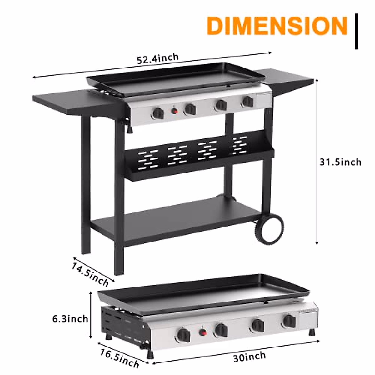 ADREAK 30 Inch 4 Burner BBQ Gas Grill Griddle, Stainless Steel Portable Detachable 40,000 BTU Table Top Propane Barbecue Grill for Camping or Tailgating (Only Griddle)