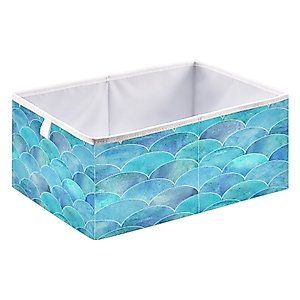 Kigai Teal Fish Scale Ocean Wave Storage Bin, Large Collapsible Organizer Rectangle Storage Basket for Home Office Décor, 15.8 x 10.6 x 7 in