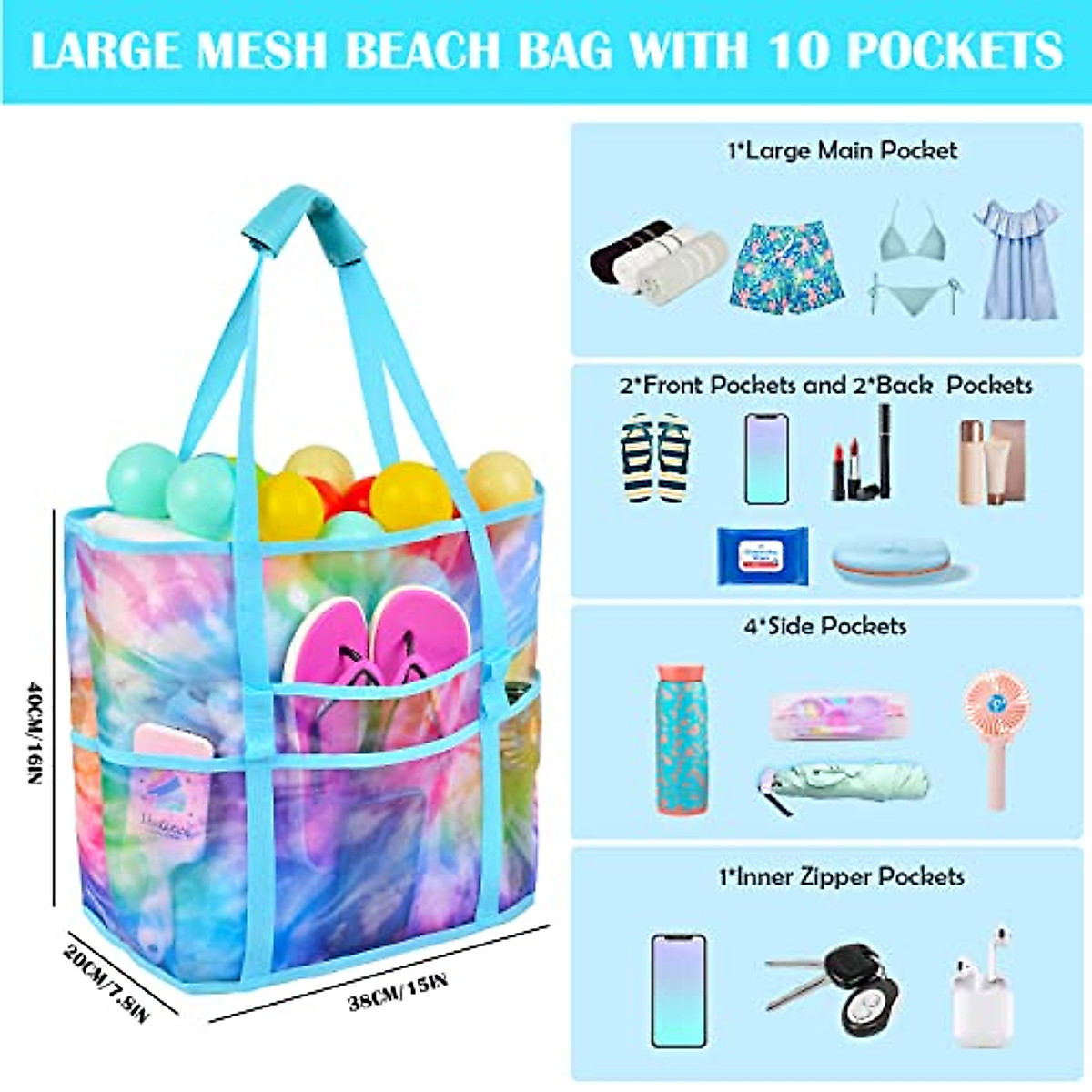 Nidoul Mesh Beach Bag, Beach Tote Bag with Zipper Pocket, Packable Large Beach Bags for Women Kids Vacation Travel Pool Swim