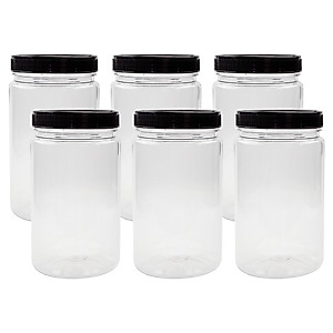 Cornucopia 32oz Clear Plastic Jars with Black Ribbed Lids (6 pack): BPA Free PET Quart Size Canisters for Kitchen & Household Storage