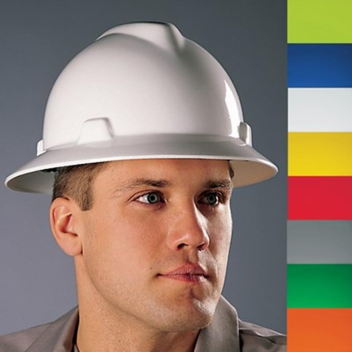 MSA 454731 V-Gard Full-Brim Hard Hat with Staz-on Pinlock Suspension | Polyethylene Shell, Superior Impact Protection, Self Adjusting Crown Straps - Standard Size in Gray