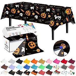 CXPSINC 54 Inch X 300 Feet Plastic Table Cover Roll Disposable Halloween Pumpkin Ghost Tablecloth with Slide Cutter for Home Decor Halloween Party Decorations