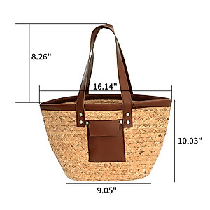 YAHUAN Woven Straw Bag Seagrass Tote Handbag with Leather Pocket Handmade Beach Bag for Women for Shopping & Vacation (Original)