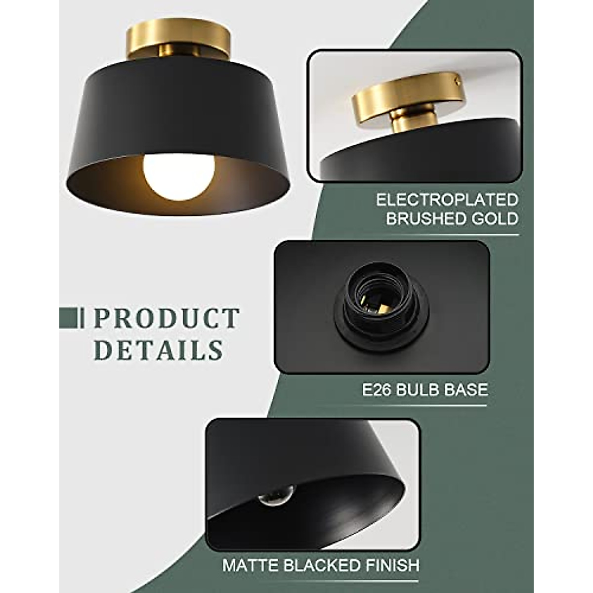 Ceiling Light Fixture, Hallway Ceiling Light with Gold Plate and Matte Black Shade, Modern Simple Style Porch Light Fixtures Semi Flush Mount (Black)