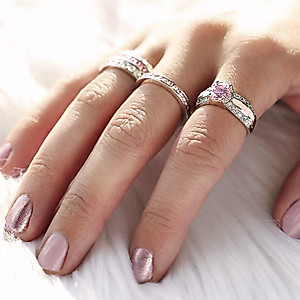 Bling Jewelry Personalize Unique Pink AAA CZ Round Brilliant Cut Solitaire Engagement Ring For Women .925 Sterling Silver Created Opal Inlay Wide Band Customizable