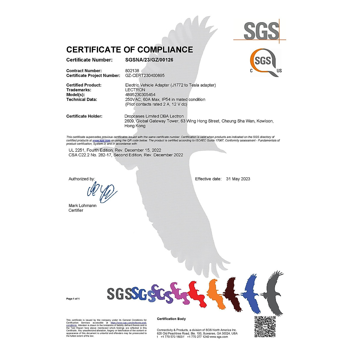 Lectron J1772 to Tesla (NACS) EV Charging Adapter 60 Amp (250V) - Compatible with Tesla Model S/3/X/Y & Cybertruck Electric Vehicles (Black)