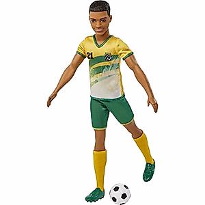 Barbie Soccer Ken Doll with Short Cropped Hair, Colorful #21 Uniform, Cleats, & Tall Socks, Soccer Ball 11.5 inches