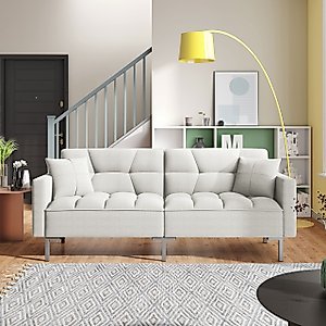 Majnesvon Linen Convertible Futon Sofa Bed, 2-in-1 Sleeper with 2 Pillows, 3 Adjustable Angles for Backrest, Living Room Couch 5 Sturdy Metal Legs, Upholstered Loveseat Home, (White)