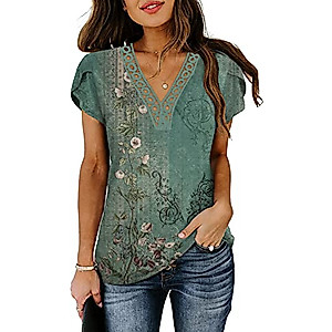 Womens Tunic Tops to Wear with Leggings Short Petal Sleeve Lace V Neck Dressy Casual Country T Shirts Loose Fit Black