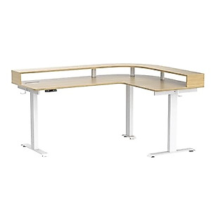 FEZIBO Triple Motor L Shaped Stadning Desk with LED Strip & Power Outrlets，63 inches Height Adjustable Stand up Corner Desk with Ergonomic Monitor Stand, White Frame/Natural Top