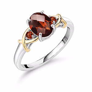 Gem Stone King 925 Silver and 10K Yellow Gold Oval Checkerboard Red Garnet Ring For Women (1.63 Cttw, Gemstone Birthstone, Available In Size 5, 6, 7, 8, 9)