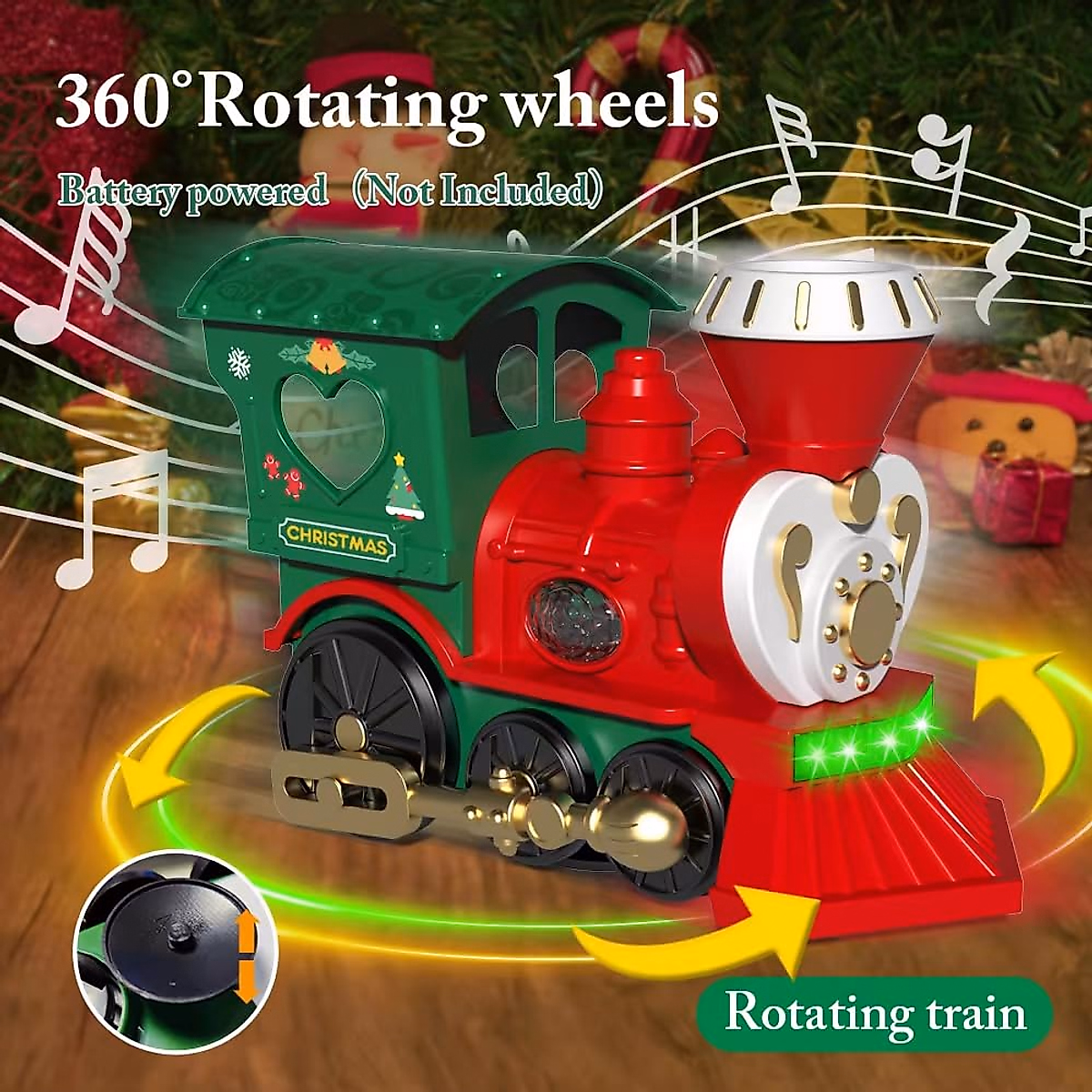 JUQU Train Toy for Christmas - Toy Train w/Lights & Customized Sounds for Christmas - 360° Rotation Moving Bump and Go Train Locomotive for Kids Toddlers for Age 3 4 5 6 7 8+ Boys Girls (Red/Green)