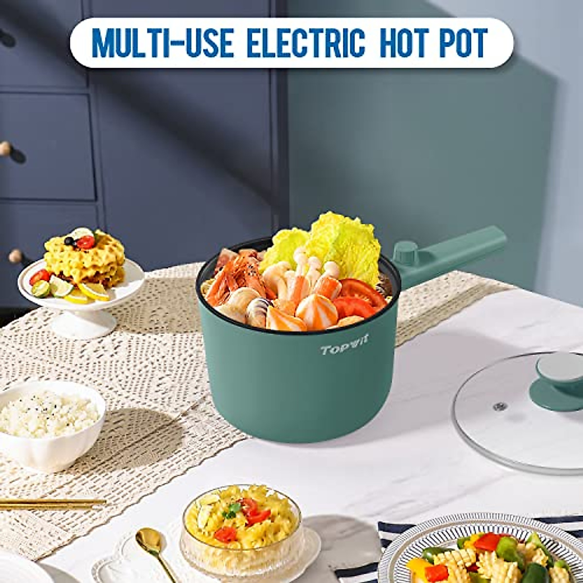 Topwit Electric Hot Pot, 1.5L Ramen Cooker, Portable Non-Stick Frying Pan, Electric Pot for Pasta, Steak, BPA Free, Electric Cooker with Dual Power Control, Over-Heating & Boil Dry Protection, Green