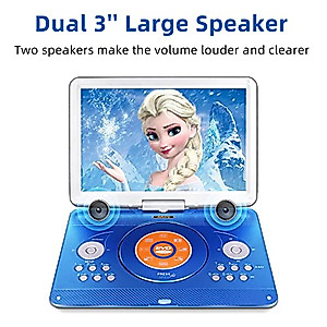 JEKERO 16.9" Portable DVD Player with 14.1" Large Swivel Screen, DVD Player Portable with 6 Hrs Rechargeable Battery, Mobile DVD Player for Kids, Sync TV, Support USB SD Card with Car Charger (Blue)