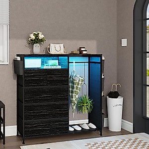 Espelism Dresser for Bedroom with Clothes Rack Side Pockets 5 Drawer Dresser with Charging Station LED Lights Black Storage Chest of Drawers for Nursery Hallway Closet Sturdy Steel Frame Wood Top