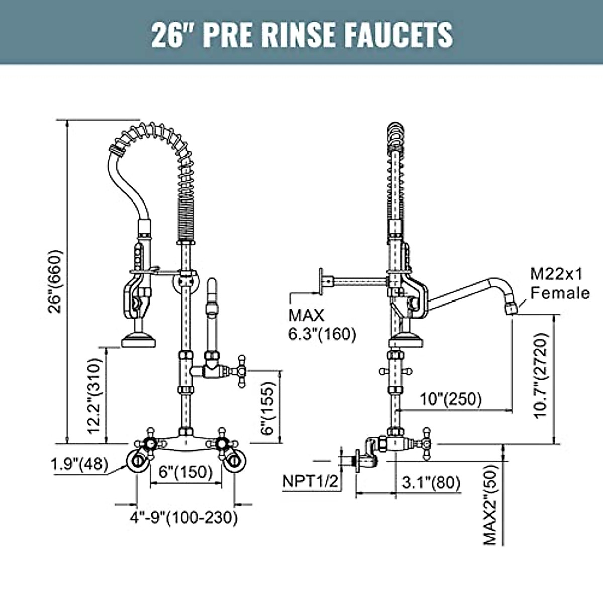 iVIGA 26" Height Commercial Kitchen Faucet Wall Mount with Pre-Rinse Sprayer, 4" to 9" Adjustable Center with Humanized Handle Design & 10" Add-on Swing Spout Faucet & Coiled Spring Pull Down Spray