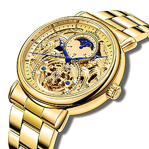 Tiong Mens Skeleton Automatic Mechanical Watch Golden Vintage Moon Phase Steel Male Wristwatch