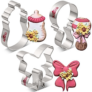 LILIAO Baby Shower Cookie Cutter Set - 3 Piece - Bottle, Rattle and Bow/Ribbon Biscuit Fondant Cutters - Stainless Steel