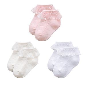 Durio Baby Ruffle Socks Baby Girl Socks Super Soft Lace Socks for Baby Girls Cute Baby Girl Ruffle Socks AA White & Ivory & Pink 3-12 Months
