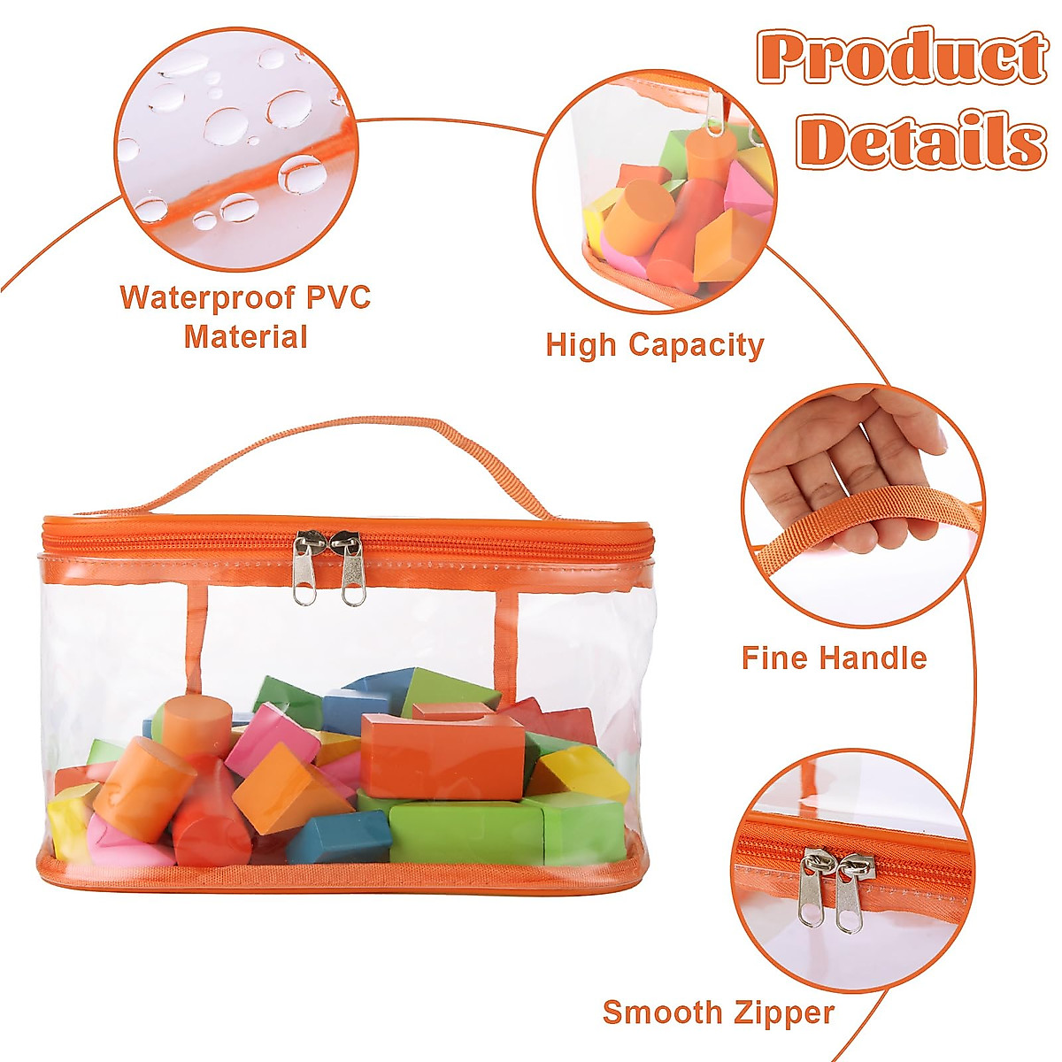 YAYODS 6 Pack Clear Toy Storage Bags with Zipper and Handle, PVC Waterproof Toy Organizer Bags for Board Games, Building Blocks, Small Toys (Black, Orange, 9.5 x 6.7 x 5.5 Inch)