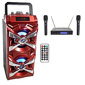 NYC Acoustics X-Tower Dual 4" Bluetooth Speaker w/Sound Activated LED's+Remote Bundle with Rockville RWM1203VH VHF Wireless Dual Handheld Microphone System/Digital Display