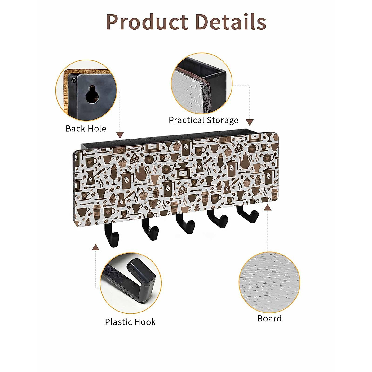 Zadaling Key Holder Wall Mount with 5 Key Hooks, Coffee Theme Cupcakes Afternoon Tea Key Organizer with Mail Basket Wall Decor for Home Entryway Hallway Kitchen Office, 7.5" x 2.7"