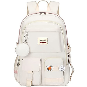 Hey Yoo School Backpack for Girls Backpack with Lunch Box Teen Girl Backpack Set Cute School Bag Bookbag for Teen Girls (White)