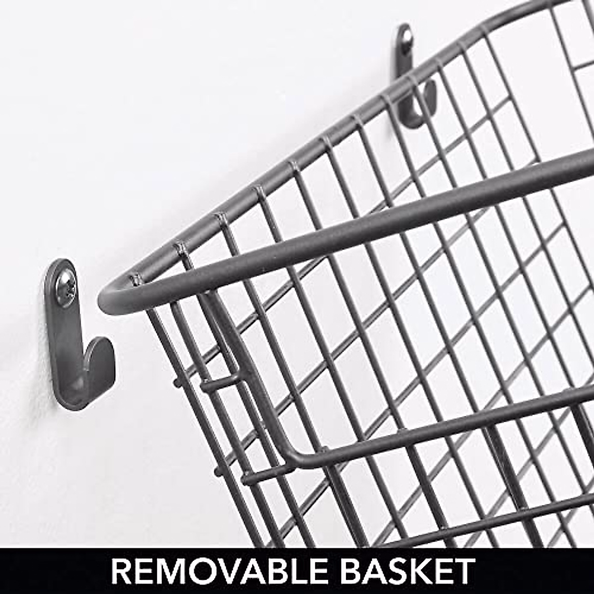 mDesign Portable Metal Farmhouse Wall Decor Storage Organizer Basket Bin with Handles for Hanging in Entryway, Mudroom, Bedroom, Bathroom, Laundry Room - Wall Mount Hooks Included, 2 Pack - Graphite