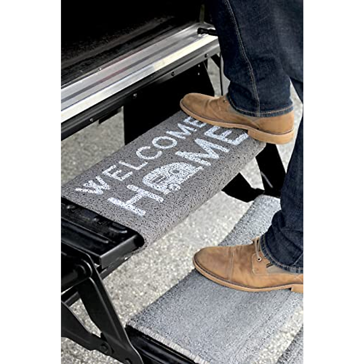 Camco 53196 Life is Better at The Campsite RV Wrap Around Step Rug, Fits 18-inch Wide Steps - for Manual and Electric RV Steps - Features a Gray Mat with a White Welcome Home Retro RV Print