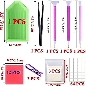 Diamond Painting Accessories & Art Tool-42 Diamond Painting Glue Clay-DIY Embroidery Wax Tacky Kit-3 Stitch Dot Paint Pen for Craft 5D Cross(64 Number Sticker,1 Tray,1 Tweezer,2 Clip,3 Seal Bag)