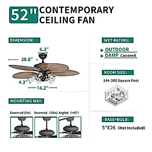 YITAHOME Tropical Ceiling Fans with Lights Remote, Wall Control Switch, 52 Inch Palm Leaf Fanlight with Clear Seeded Glass Light Kit, 3 Speed, 4 Timer, Silent Reversible Motor, Sandstone and Black
