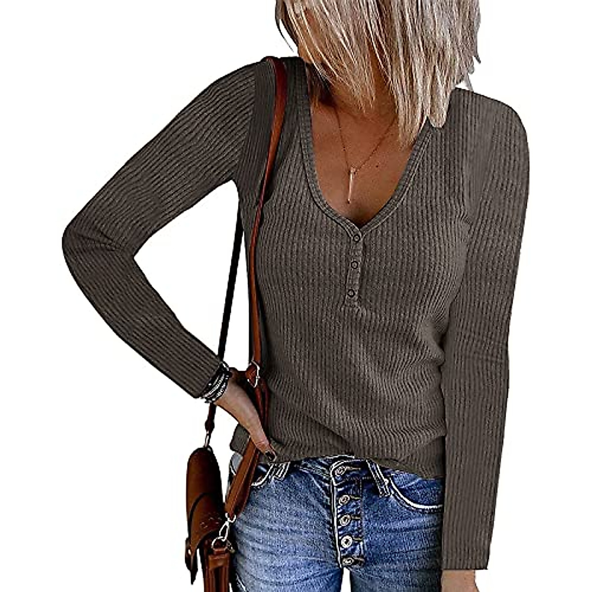 Women's Casual Solid Color Ribbed Top Long Sleeve V-Neck Pullover Knit Shirt Comfy Buttons Slim Workout Plain Blouses Khaki