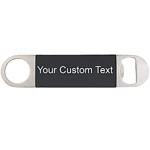 Personalized Add Custom Text Heavy Duty Stainless Steel Flat Beer Bottle Opener with Silicone Grip (Black)