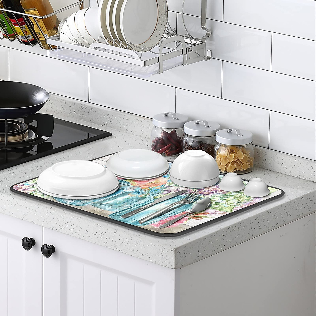 Drying Mat for Kitchen Counter Country Daisy Flowers Dish Drying Mat Dry Mat for Dishes Dish Rack Mat Coffee Bar Mat Dish Drain Mat Drying Mats for Countertop Coffee Mat