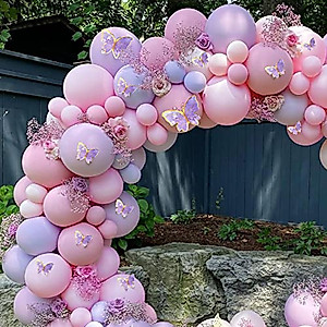 Monlot Baby Shower Decorations for Girl 135 Pcs Pink Purple Balloon Garland Kit Metallic Lavender Balloon Arch Double Stuffed Balloons Butterfly Stickers for Wedding Birthday Party Decorations