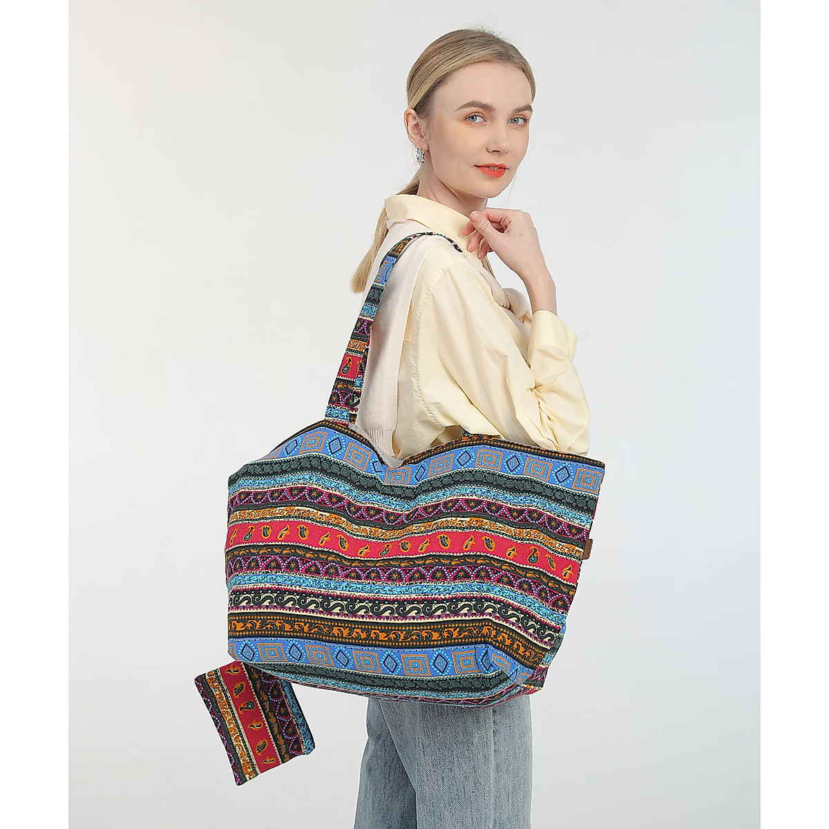 Women Hippie Tote Hand Bag Large Capacity Bohemian Bag Portable Tourist Shoulder Bags (Rose red)