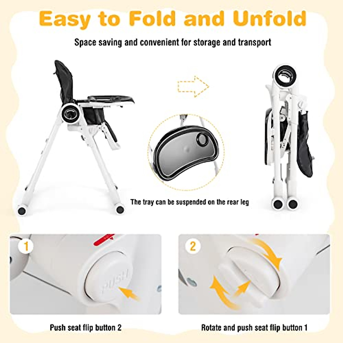 BABY JOY High Chair for Babies & Toddlers, Foldable Highchair with Adjustable Backrest/Footrest/Seat Height, Double Removable Trays, Detachable Seat Cushion, 4 Lockable Wheels (Black)