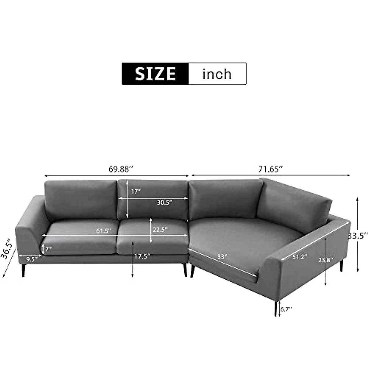 Cotoala 141inch Air Leather Sectional Sofa with Metal Legs, Huge Corner Wedge Design, Modern English Arm Couch for Living Room, Grey